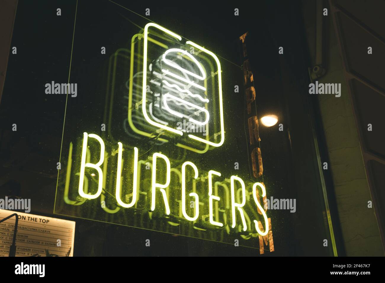 neon sign burgers fast food city restaurant cafe yellow color Stock ...