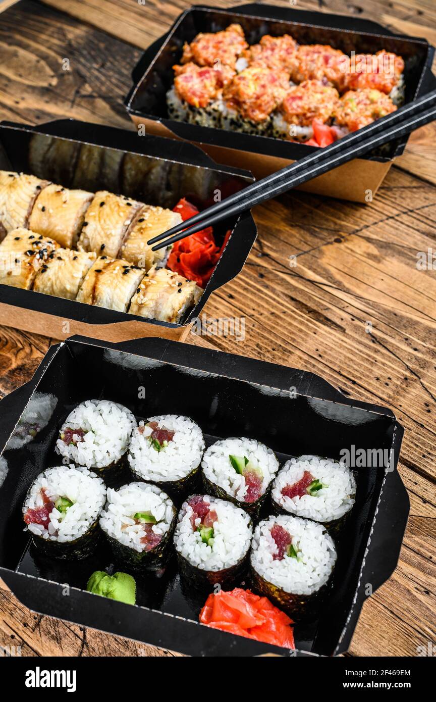 Japanese restaurant food in take away, set delivery box. Wooden ...