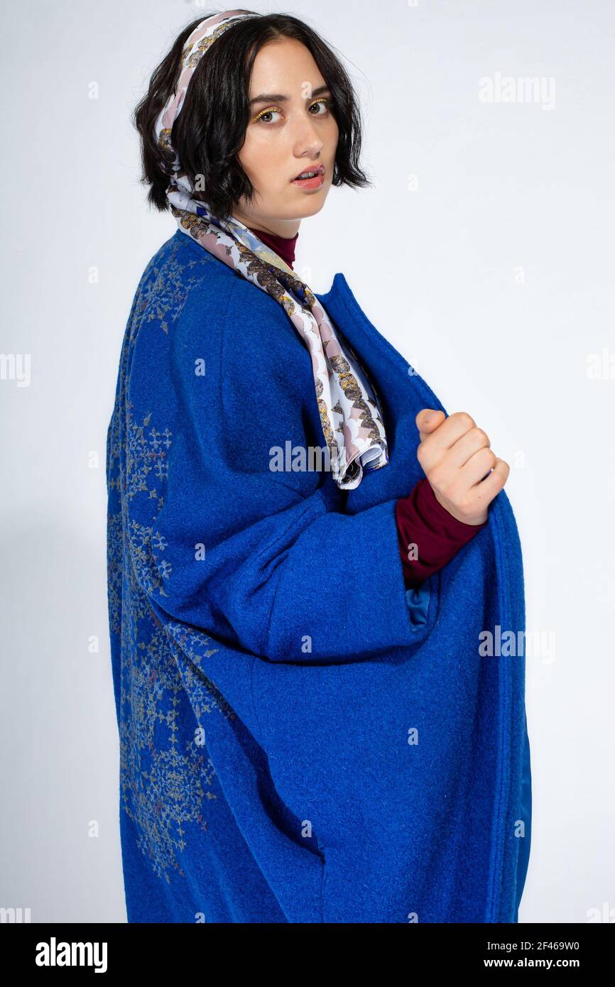 Woman grey hair blue coat hi-res stock photography and images - Alamy