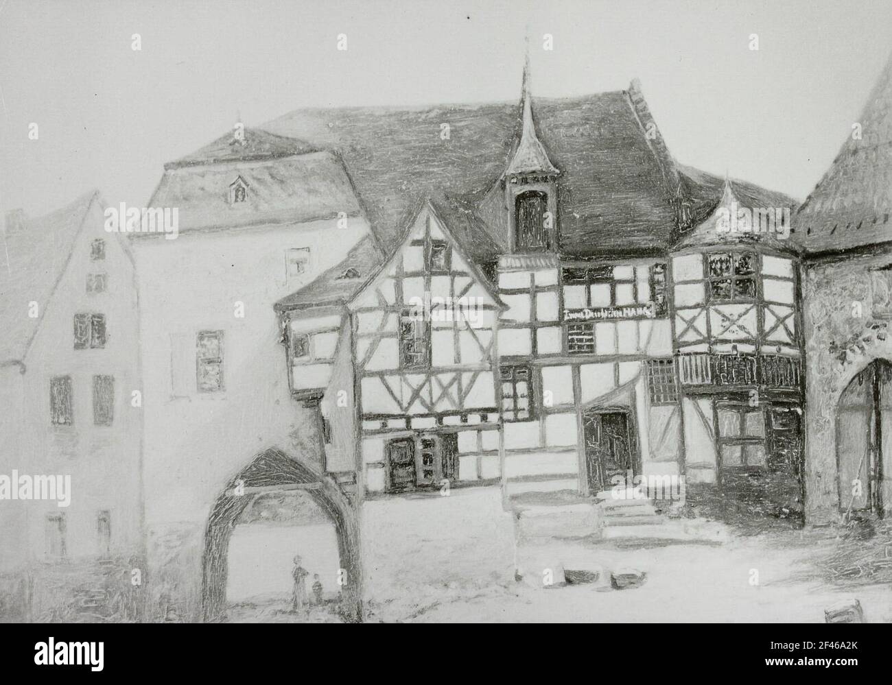 City gate with half-timbered building to the German house Stock Photo ...