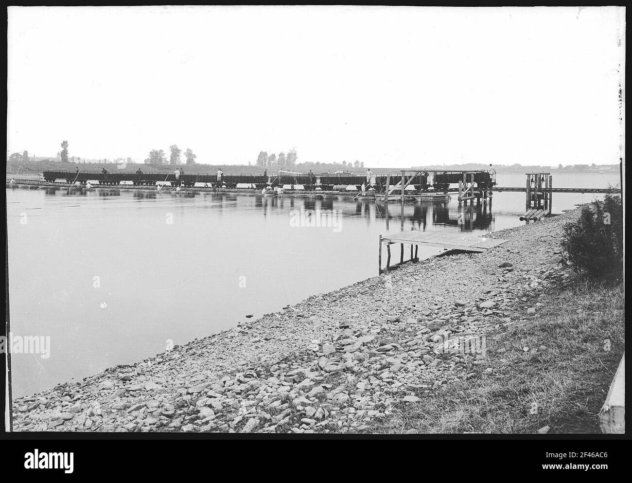German railway troops. Material cable on a pontoon bridge Stock Photo ...