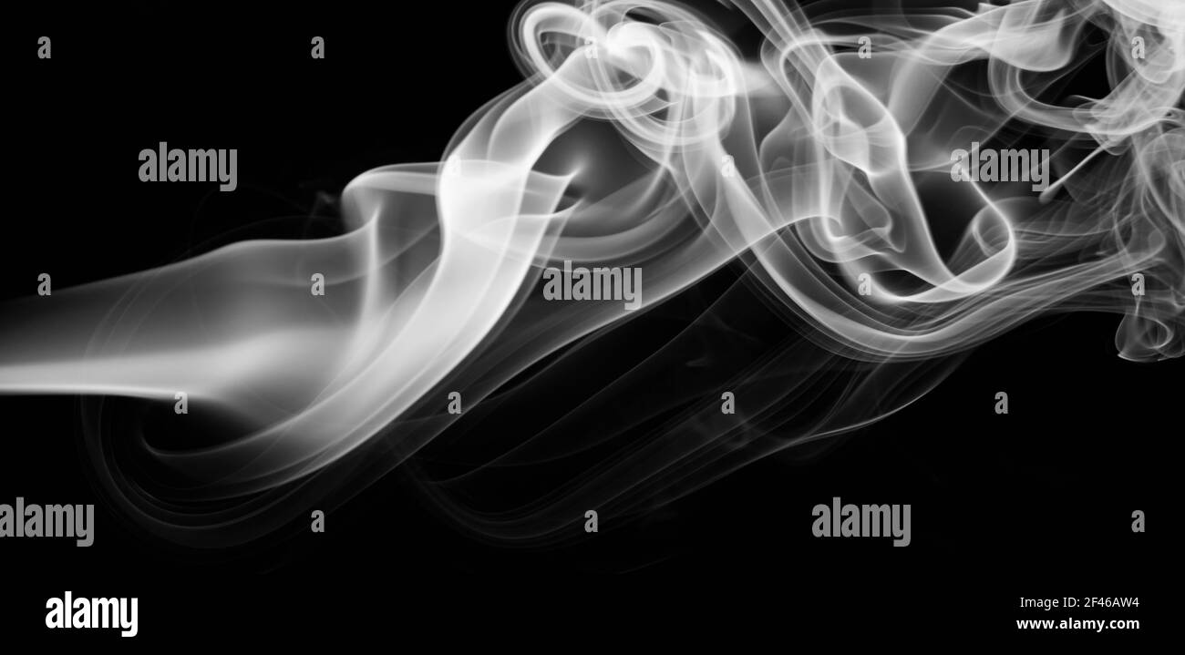 Curve flow smoke effect gray color isolated on black background Stock ...