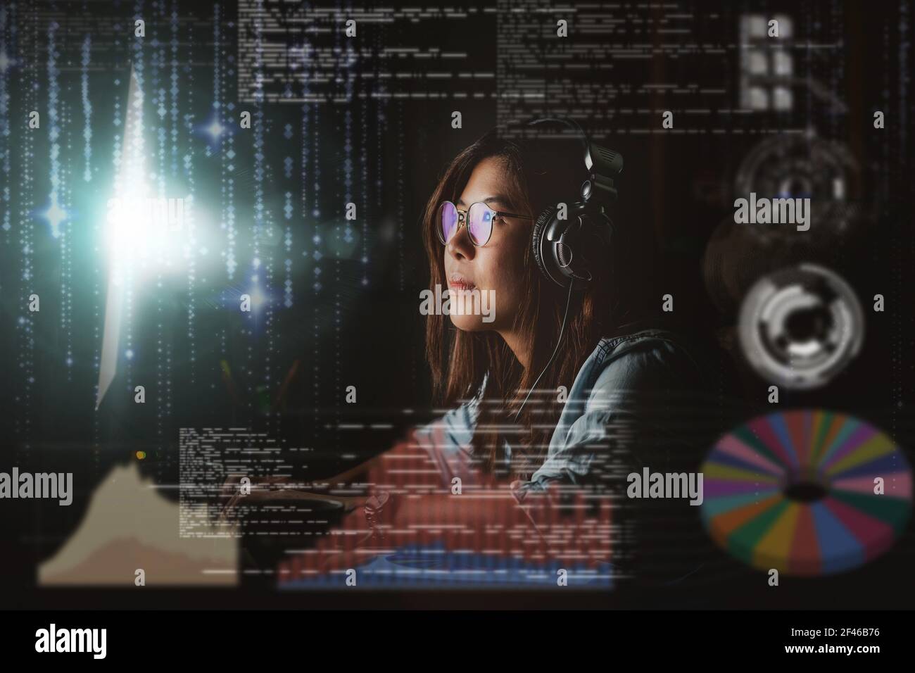 Asian Businesswoman working hard with front of computer desktop with ...