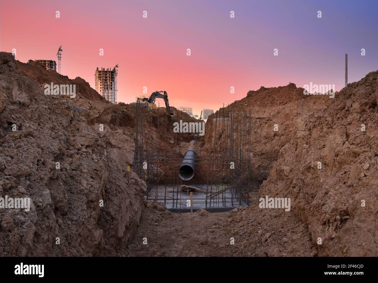 Trench for laying external sewer pipes. Sewage drainage system for a ...