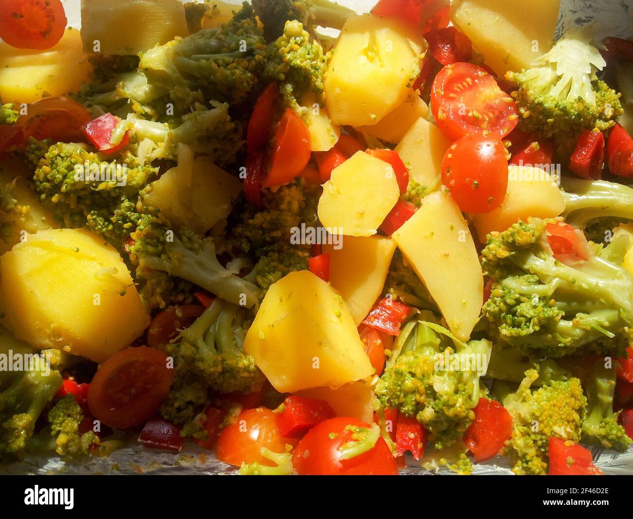 Raw broccoli, tomato, potato and paprika cut and served in a bowl to be ...