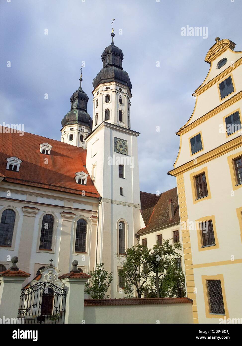 Side view of the large monastery Obermarchtal. The two bulb towers ...