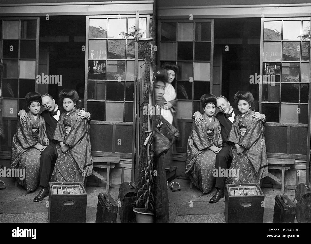 World travel. Tokyo. Group picture with european man and geishas Group ...