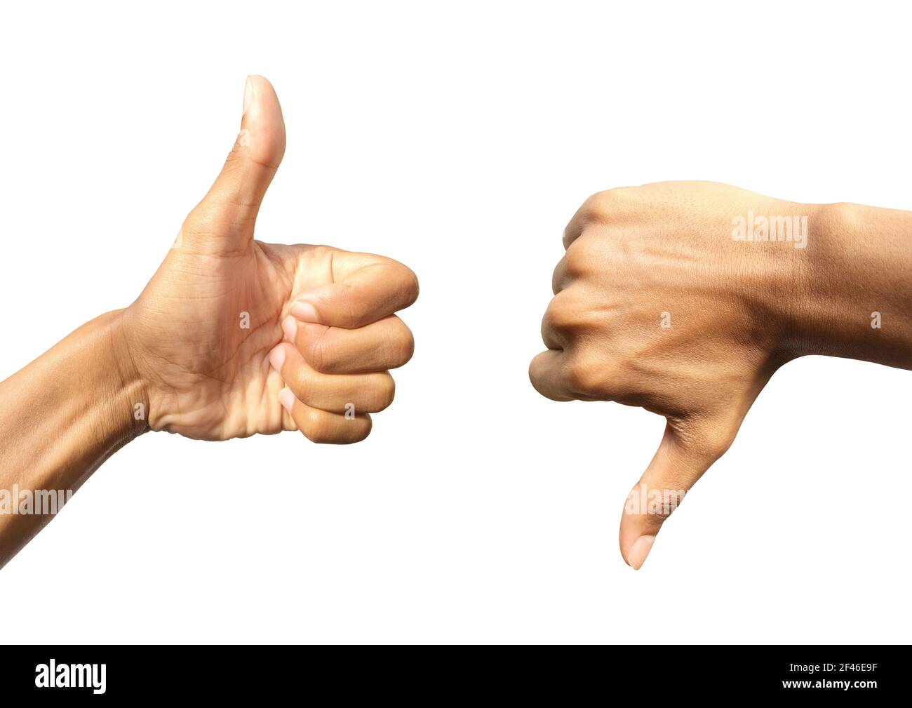 Positive hand thumb up and negative hand thumb down isolated on white ...