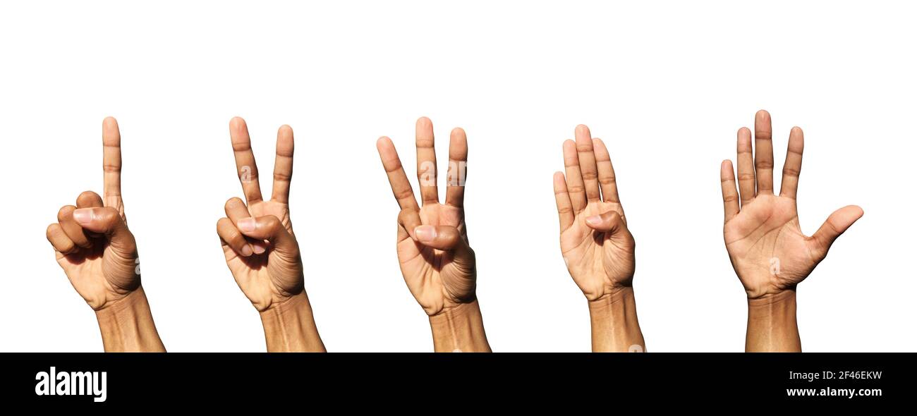 Set of young man hands counting from one to five isolated on white ...