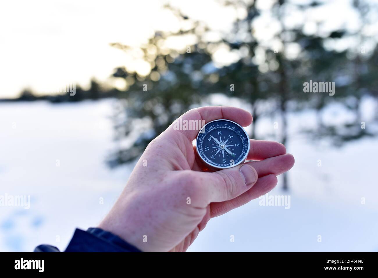 Compass in hand on snow background. Orientation on terrain in forest ...