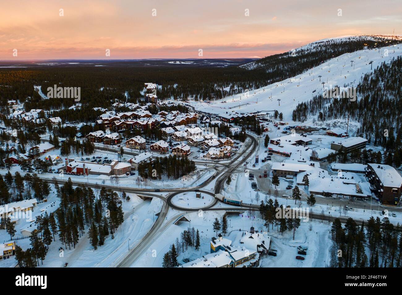 Aerial drone view of the Levi ski village, colorful dusk, in Lapland ...