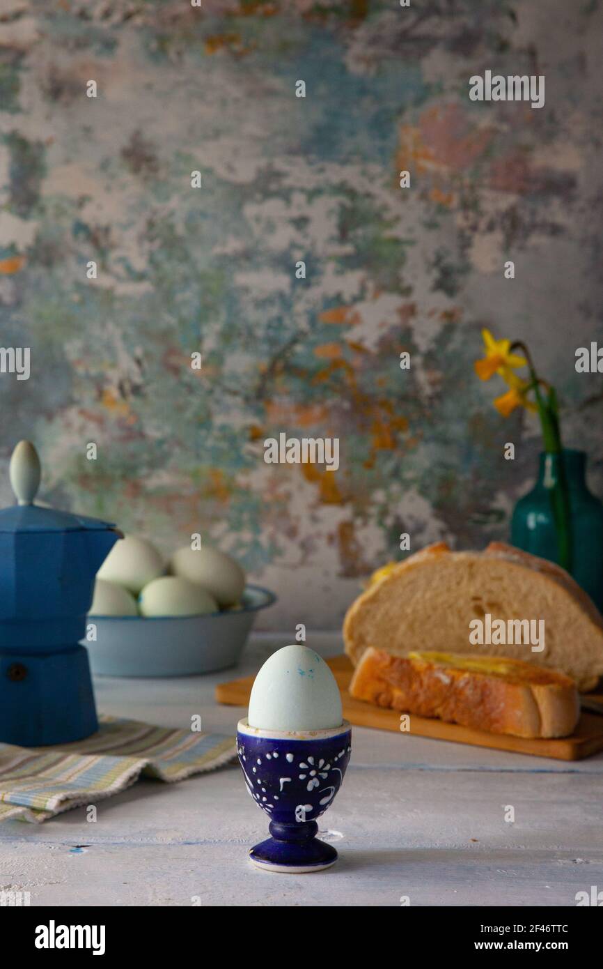 Boiled Blue eggs on a rustic farm table for breakfast Stock Photo - Alamy