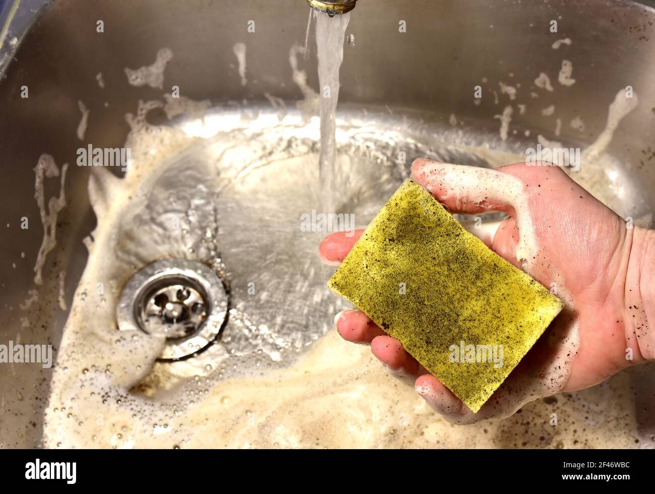 Sponge with detergent and foam while washing the sink in the kitchen ...