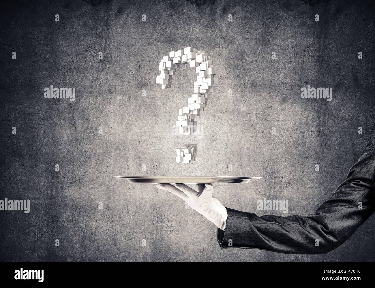Hand of waiter presenting question mark on tray Stock Photo - Alamy