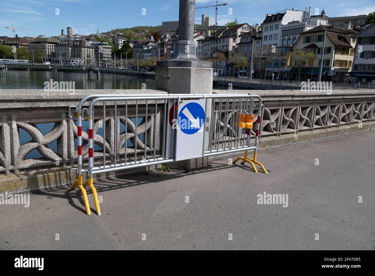 Steel barrier fence with traffic sign obstacle right turn around sign ...