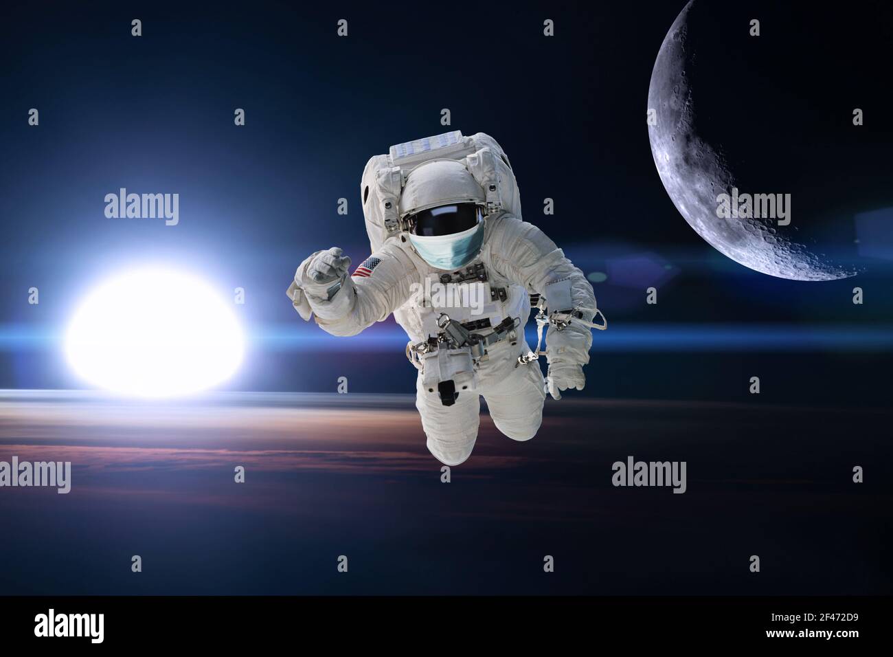 Astronaut with face mask protect in outer space. World medical concept ...