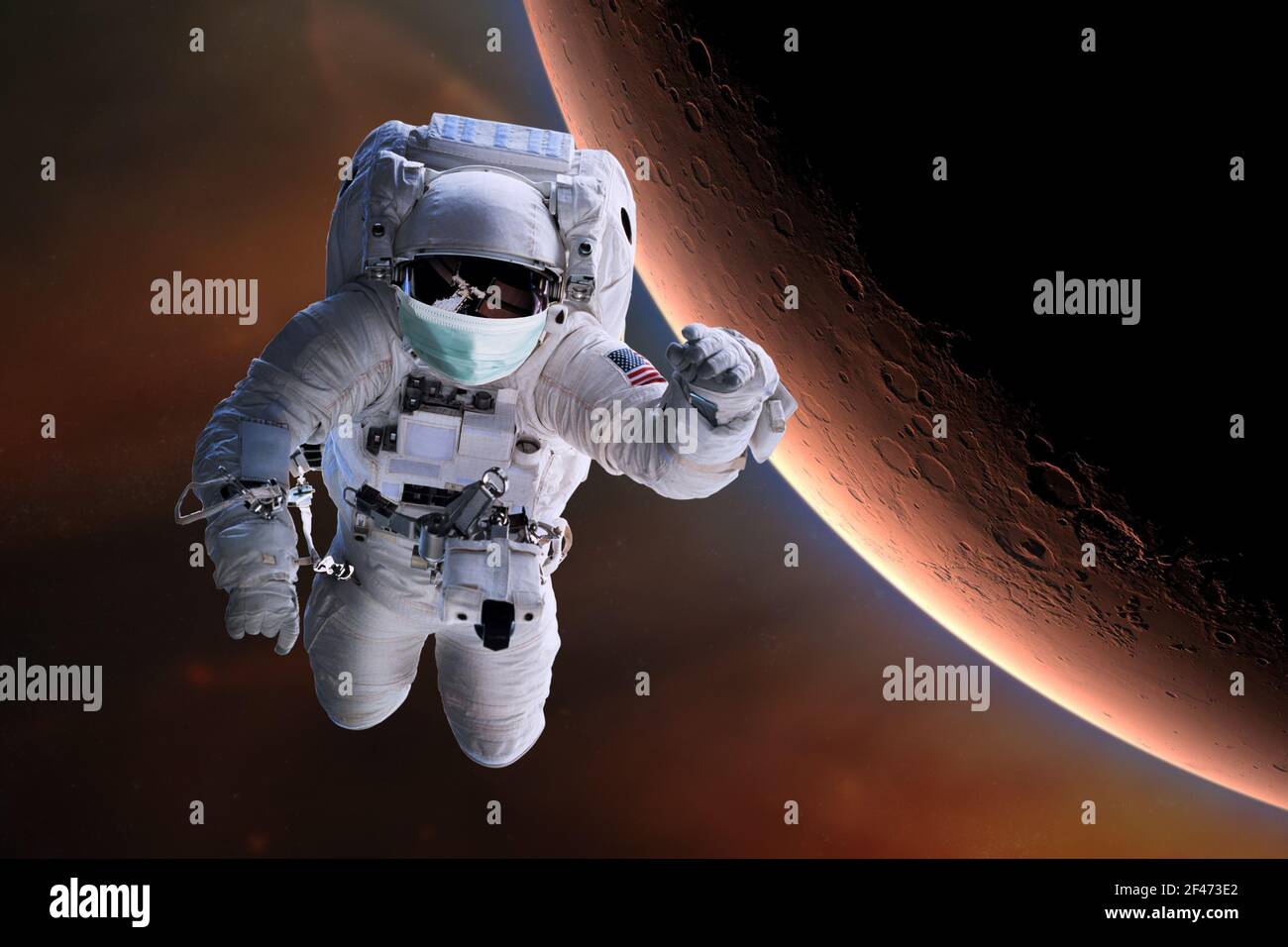 Astronaut with face mask protect in outer space. World medical concept ...