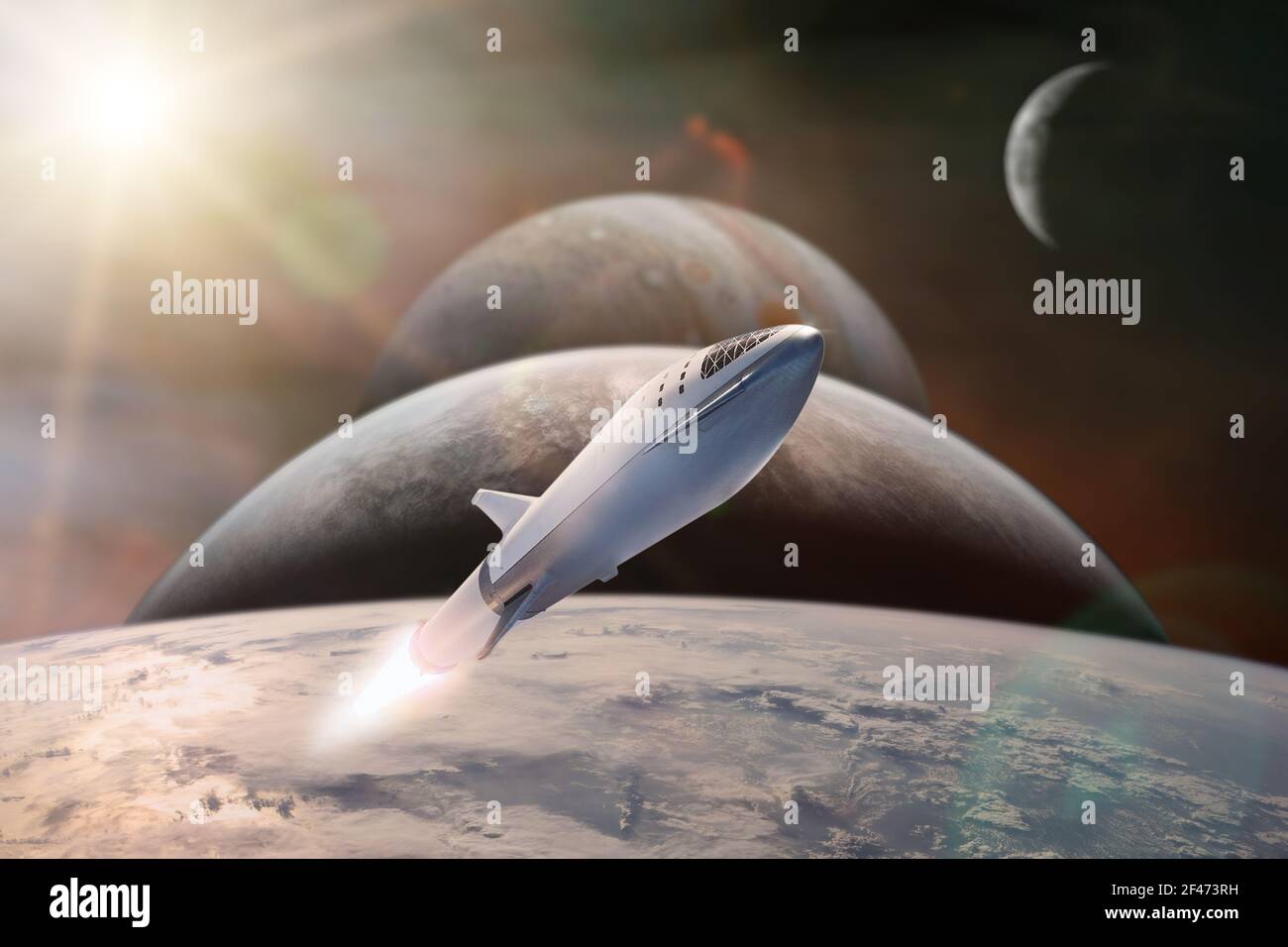 Starship taking off on a mission on background of alien planets in the ...