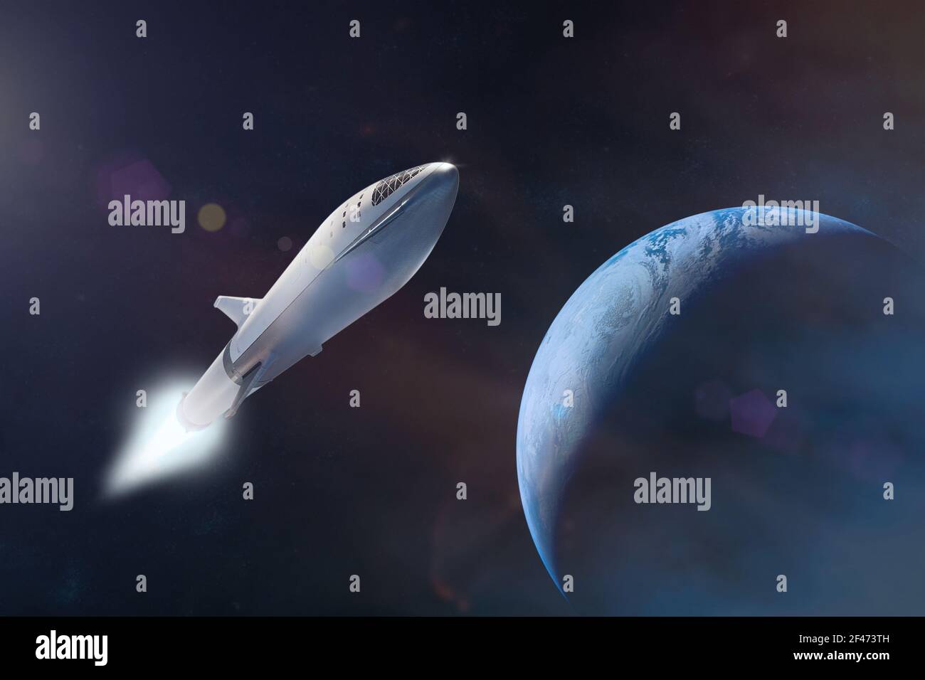 Starship taking off on a mission on background of Earth planet ...