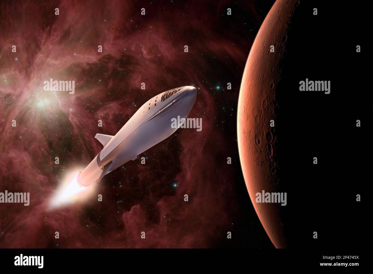 Starship taking off on a mission on background of Mars planet. Elements ...