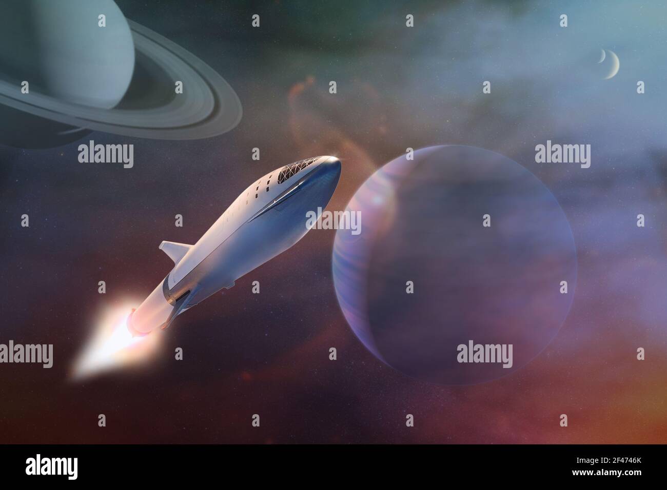 Starship taking off on a mission on background of alien planets in the ...
