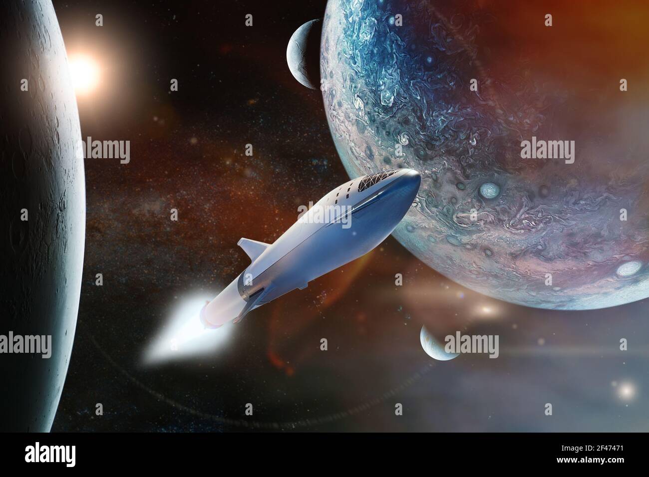 Starship taking off on a mission on background of alien planets in the ...