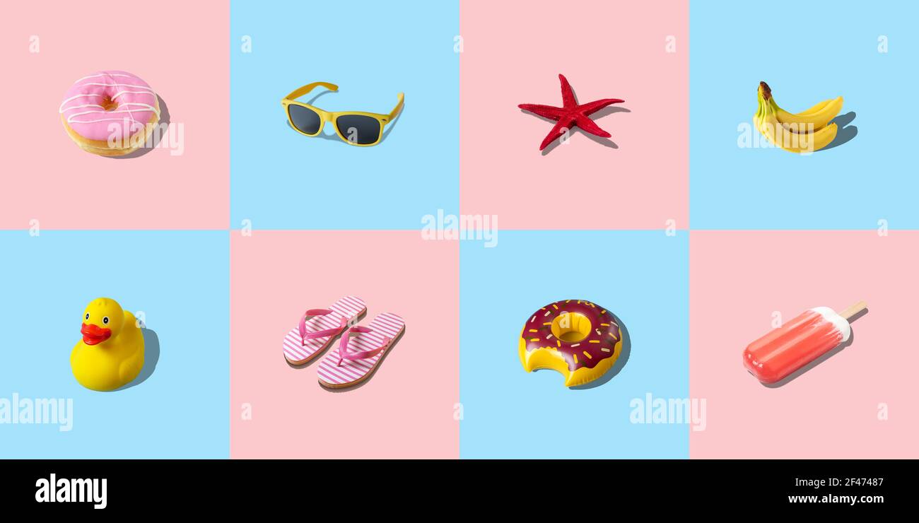 Creative colorful background with different summer things. Minimal ...