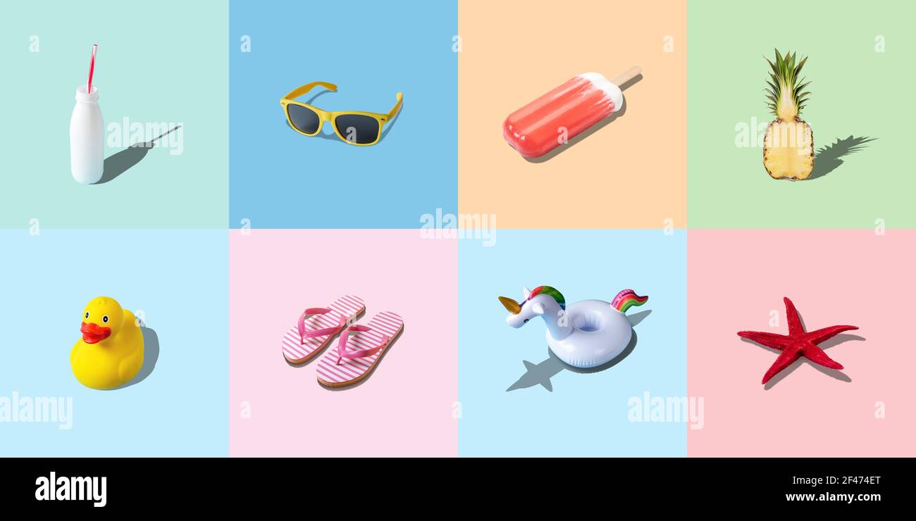 Creative colorful background with different summer things. Minimal ...