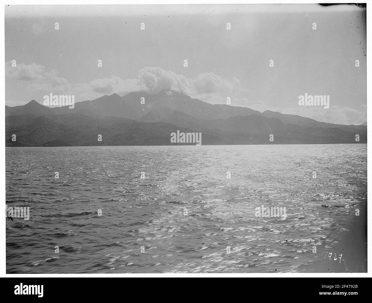 Martinique. View from the sea to the mountains with volcano Mont Pelée ...