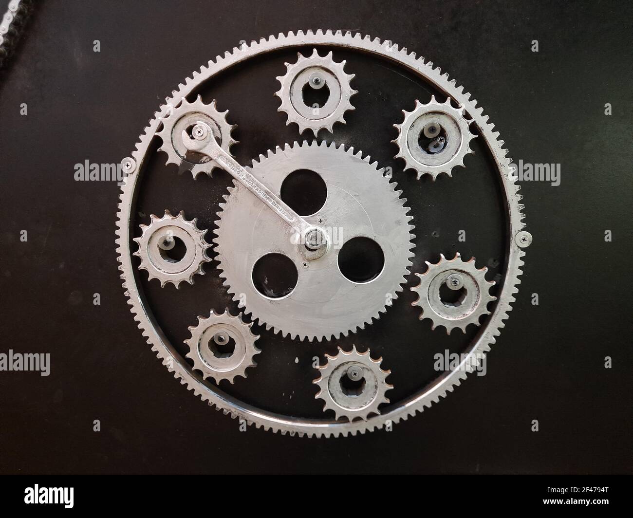 A close-up shot of the metal particles of the engine in a round shape ...