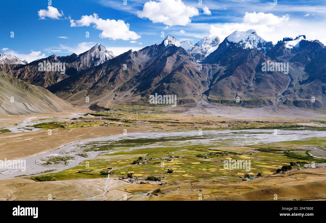 View of Zanskar valley around Padum village and great himalayan range ...