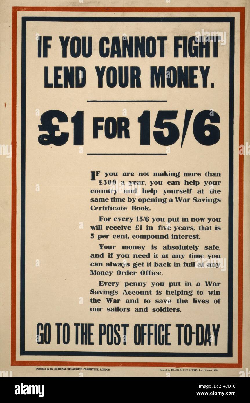 A first world war poster asking for the public to lend money for teh ...