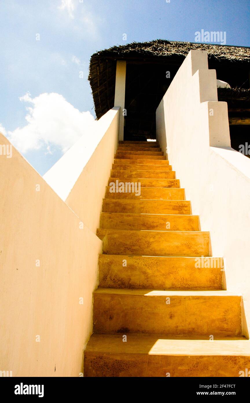a vertical shot of yellow stairs leading to a building entrance in Lamu ...