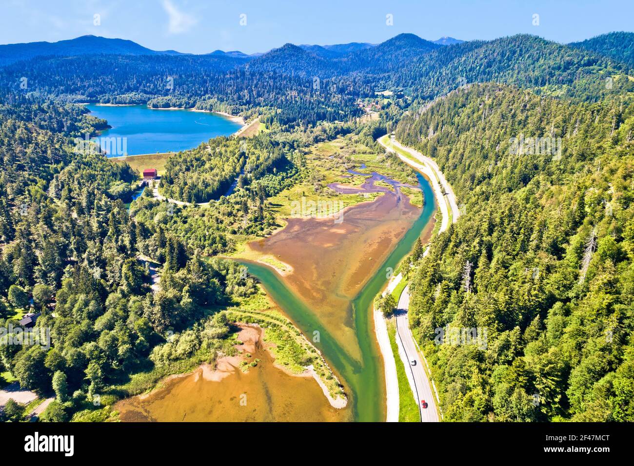 Bajer mountain lake and green landscape aerial view, Gorski Kotar ...