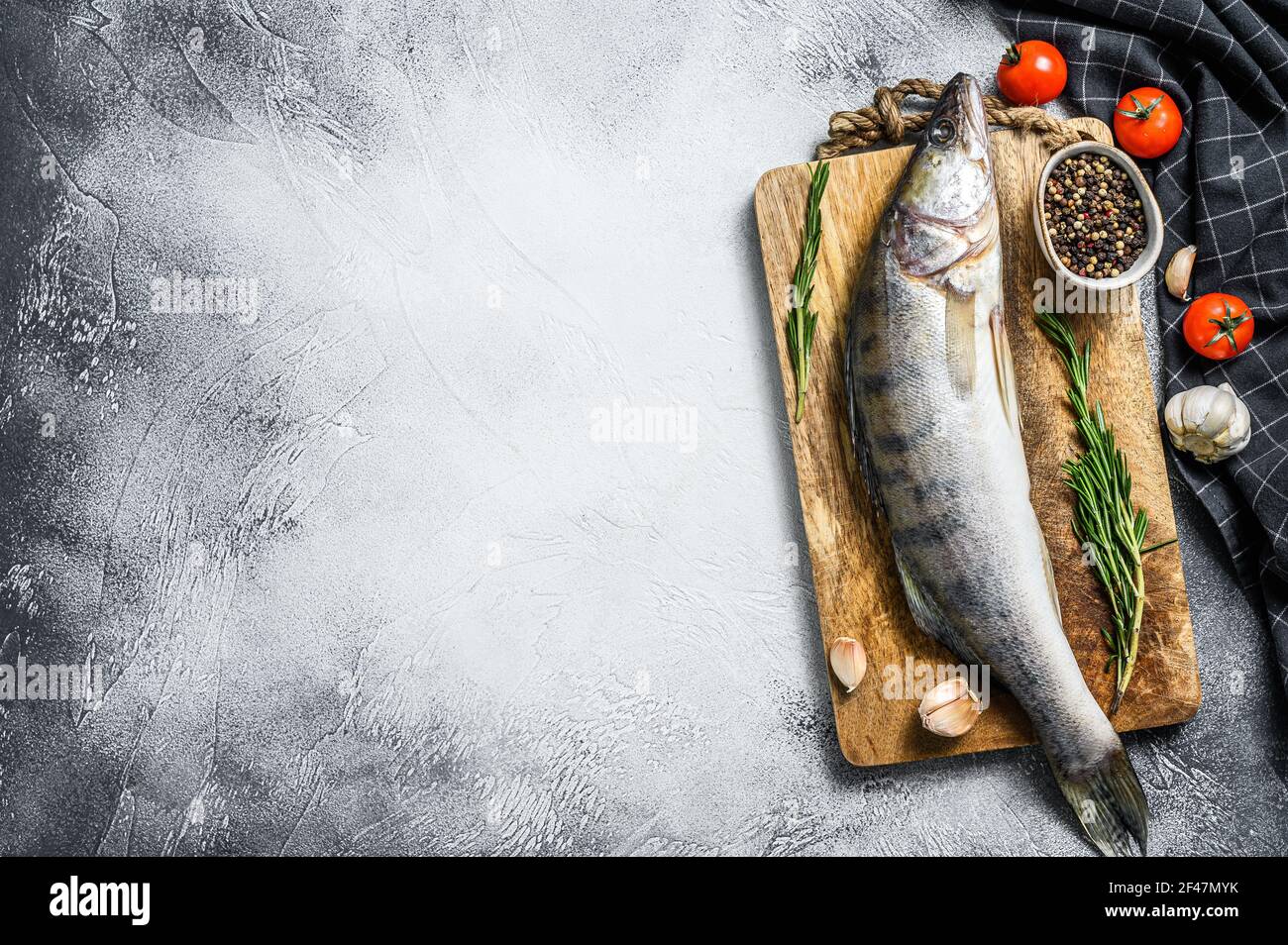 Zander, walleye with herbs. Raw fish. Gray background. Top view. Copy ...