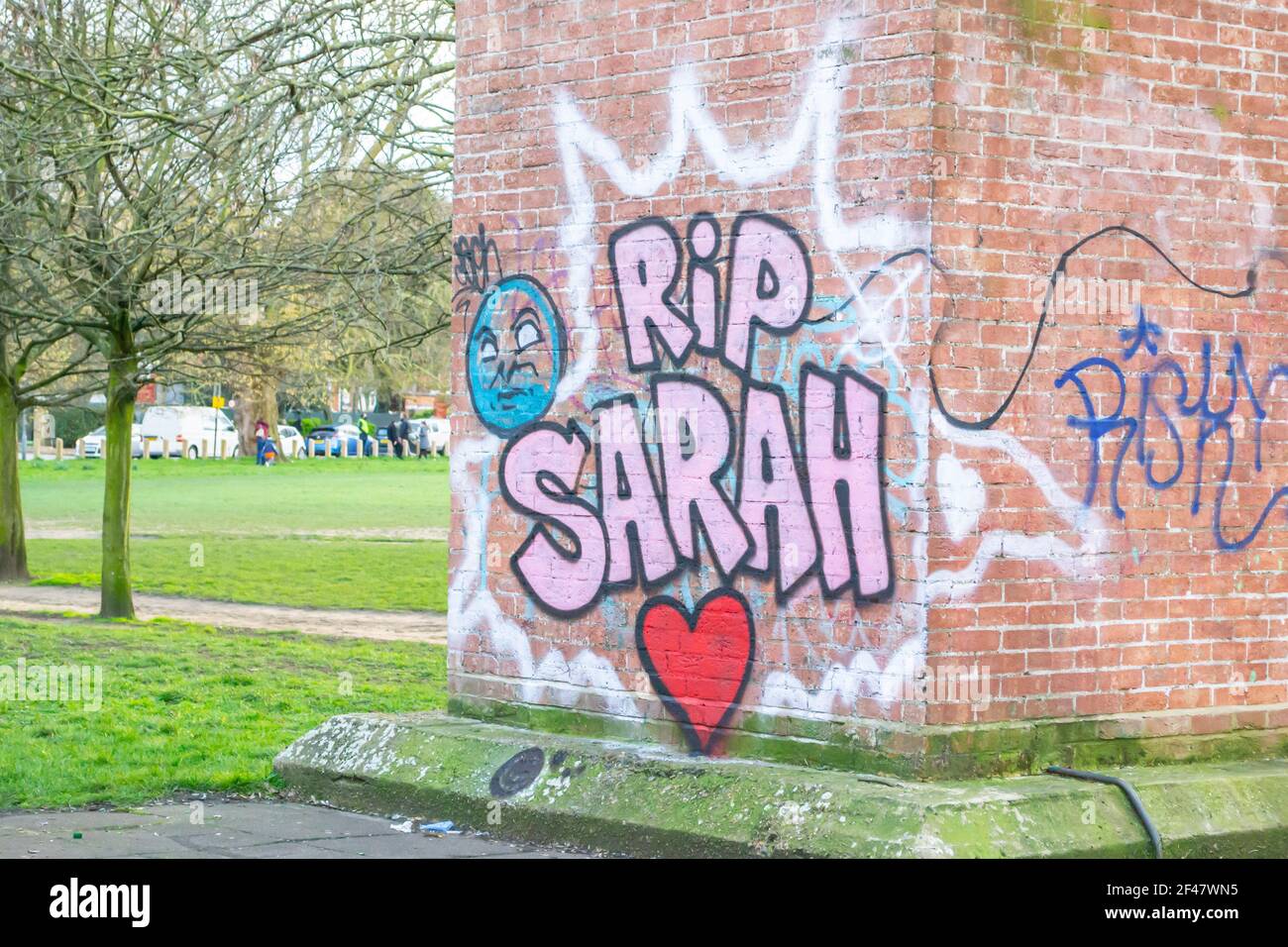 CLAPHAM, LONDON, ENGLAND- 16 March 2021: RIP SARAH graffiti in Clapham ...