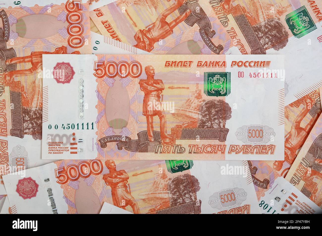 5000 rubles background. Russian banknotes at different angles Stock ...