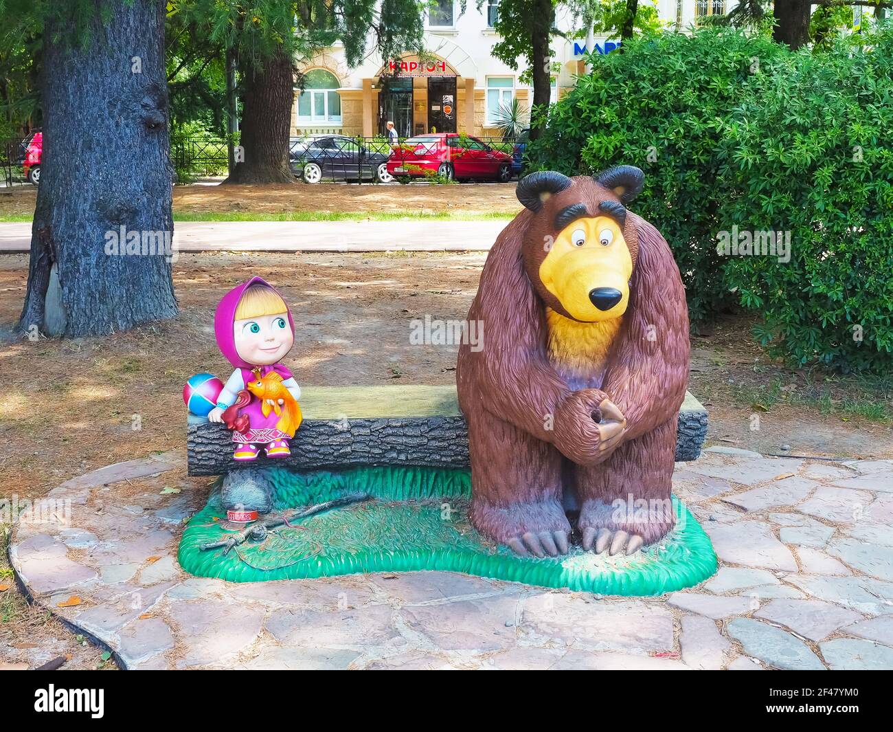 Russia, Sochi 28.06.2020.Statues of fairy-tale characters Masha and the ...
