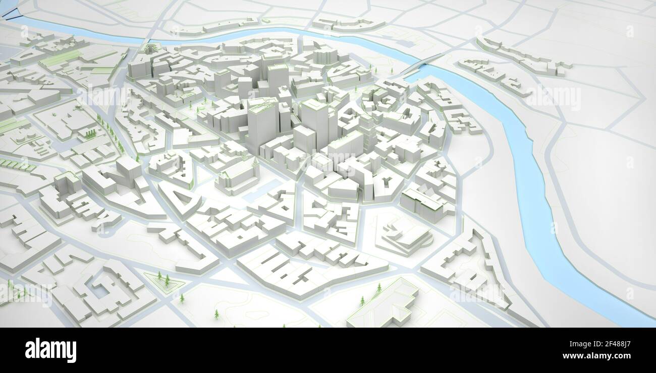 plain low poly city with river above view. 3d rendering Stock Photo - Alamy
