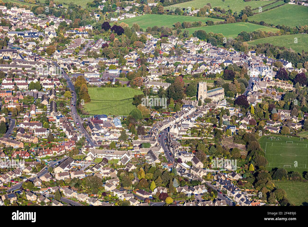 An aerial view of the ancient Cotswold town of Winchcombe ...