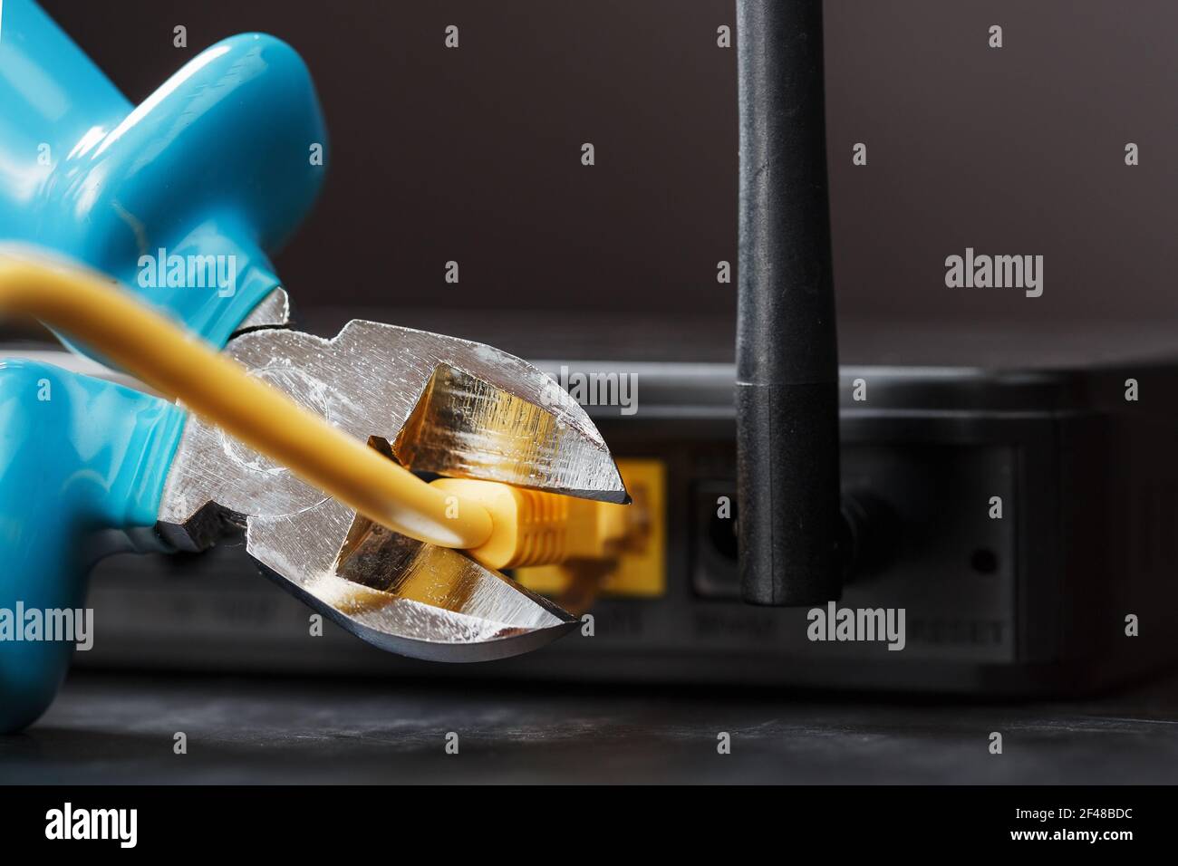 Tearing and cutting with blue wire cutters the network connection of ...