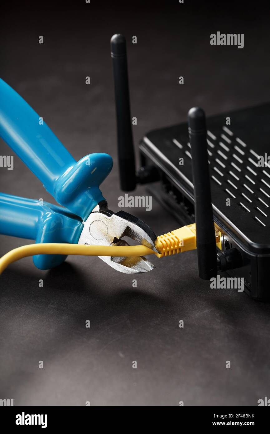 Cutting and disconnecting the network Internet connection with cutting ...