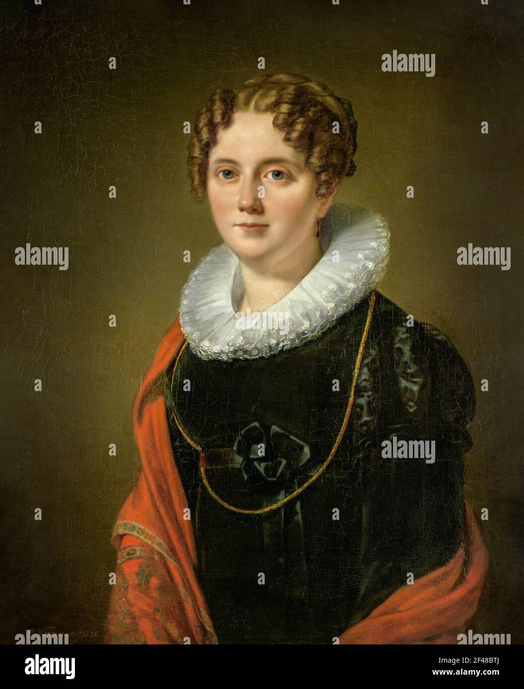 Portrait, young woman half-length, with a large white collar and a ...