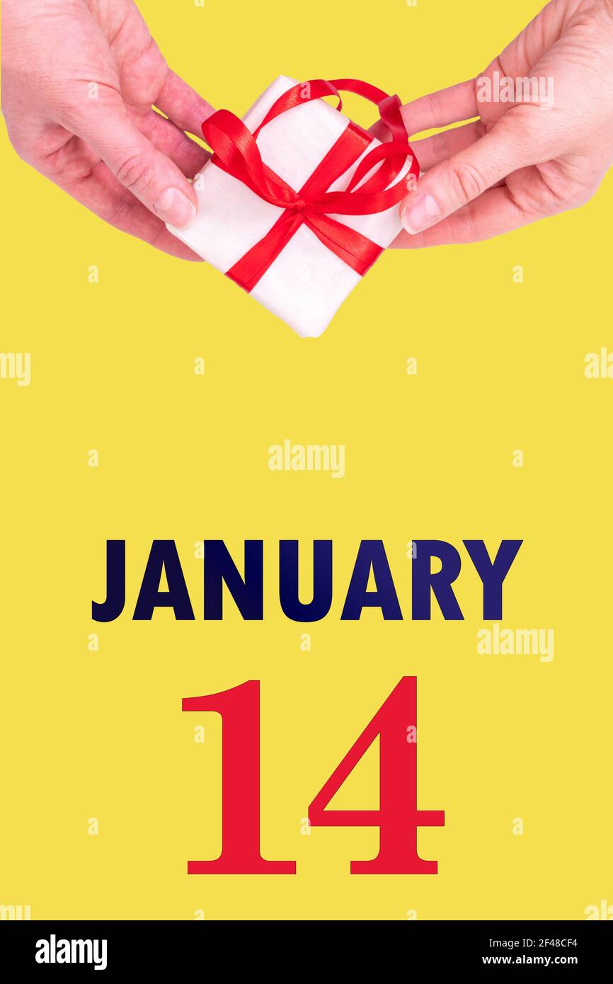 January 14th. Festive Vertical Calendar With Hands Holding White Gift ...