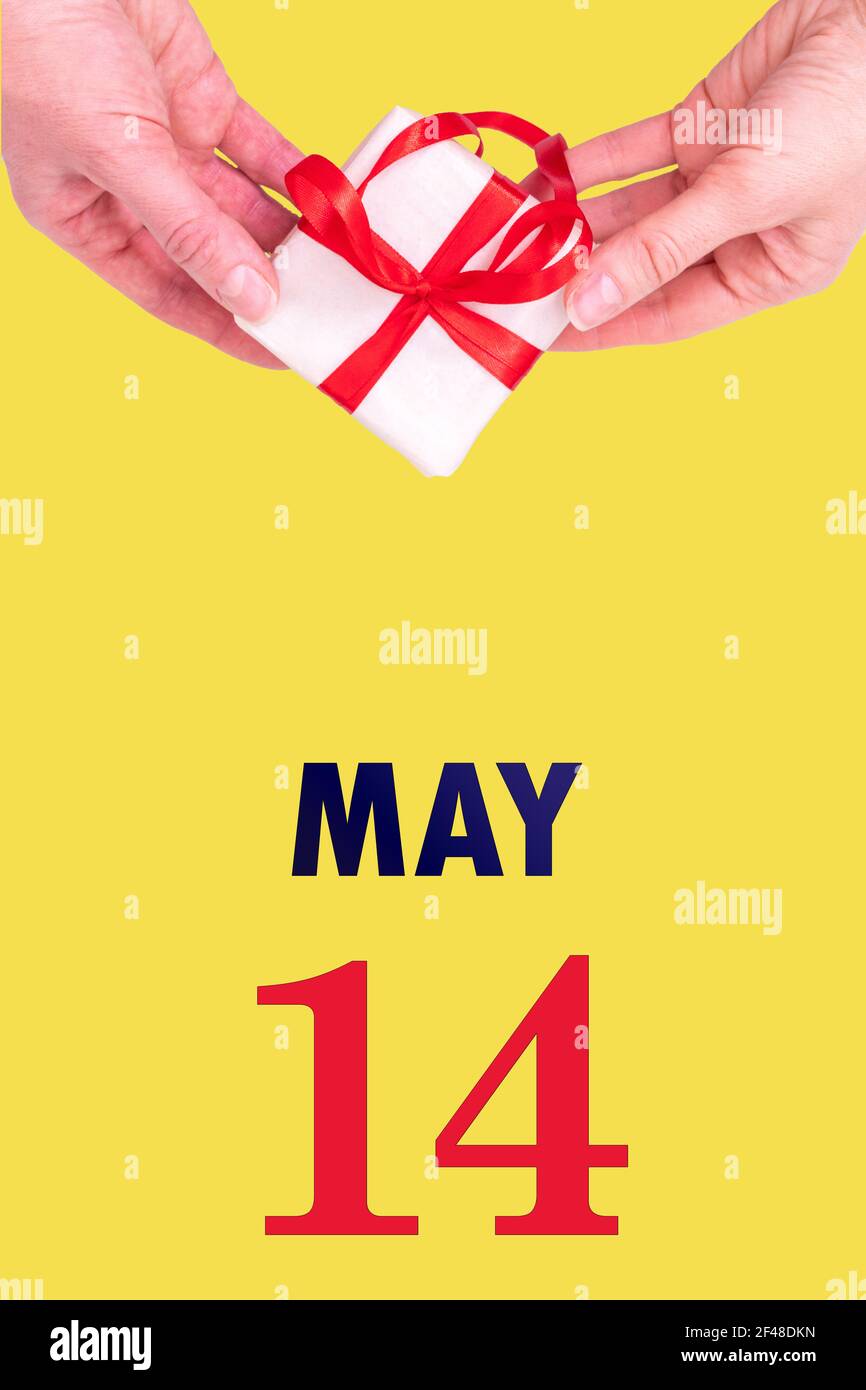 May 14th. Festive Vertical Calendar With Hands Holding White Gift Box ...