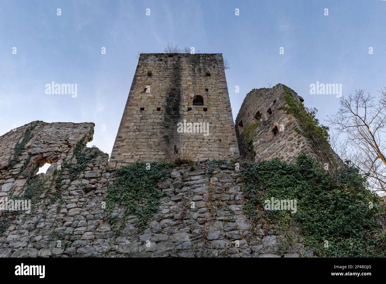 A low angle shot of Windeck Castle ruins in the Black Forest, Germany ...