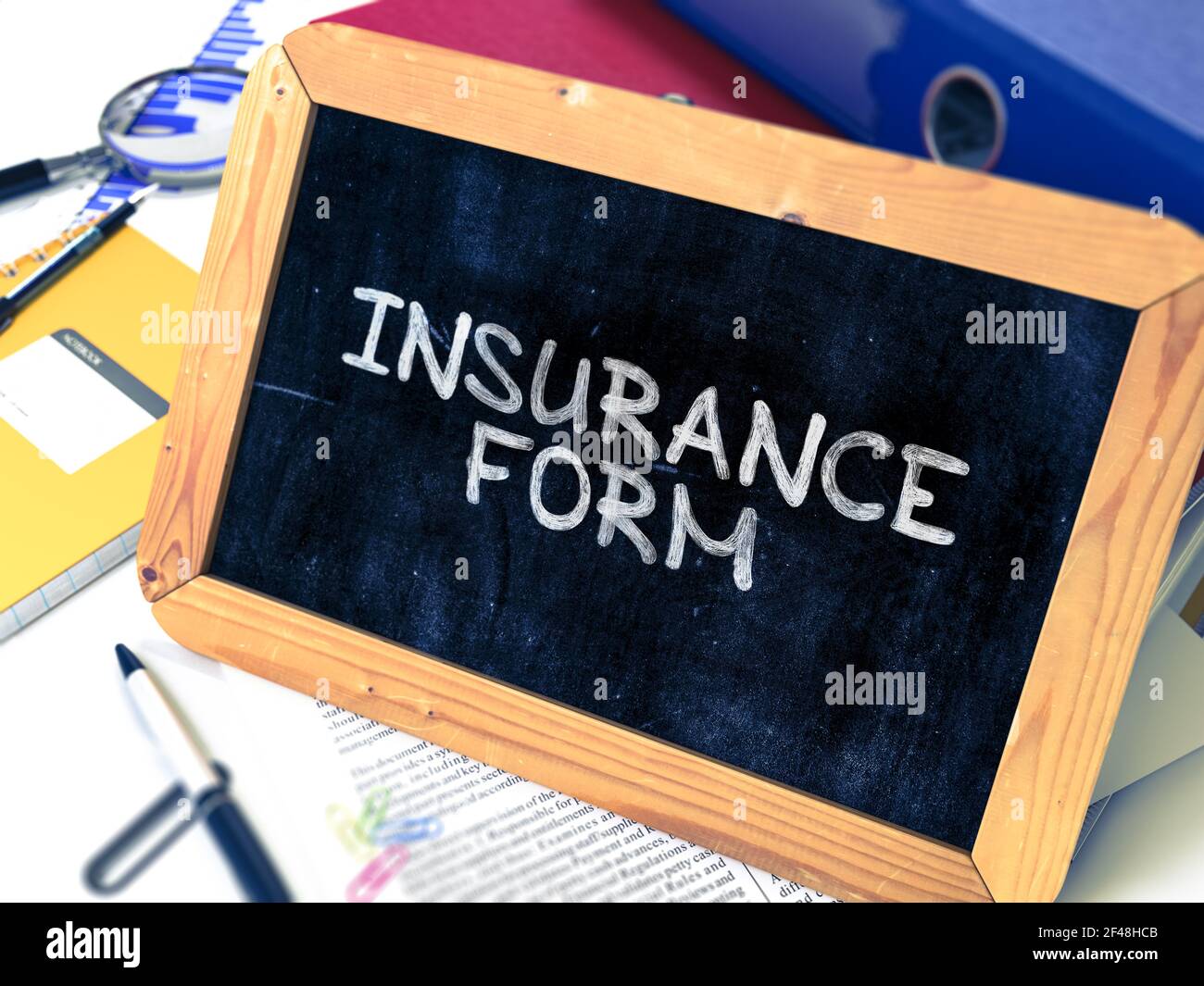 Insurance Form Handwritten on Chalkboard. Composition with Small ...