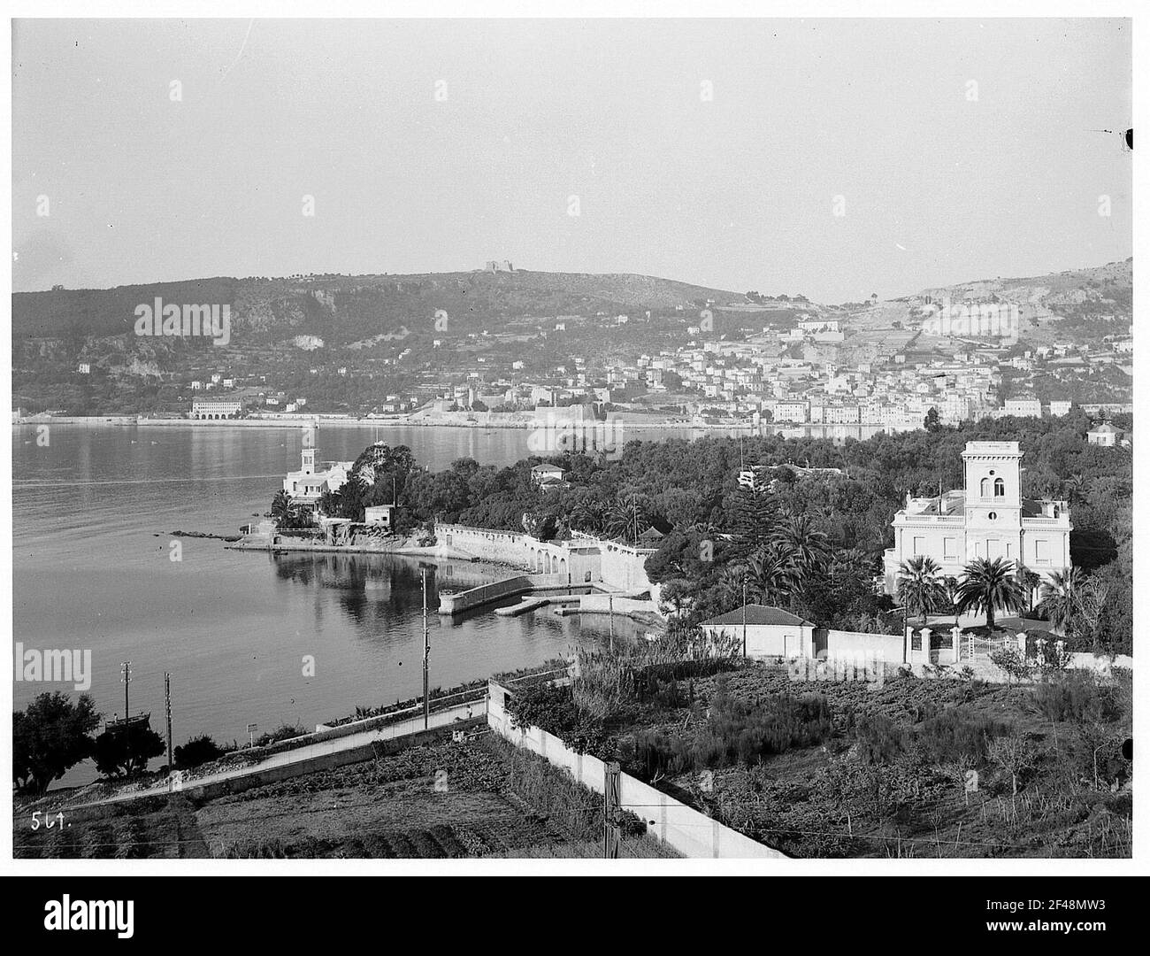 Villefranche / France: View over city and bay with harbor moles Stock ...