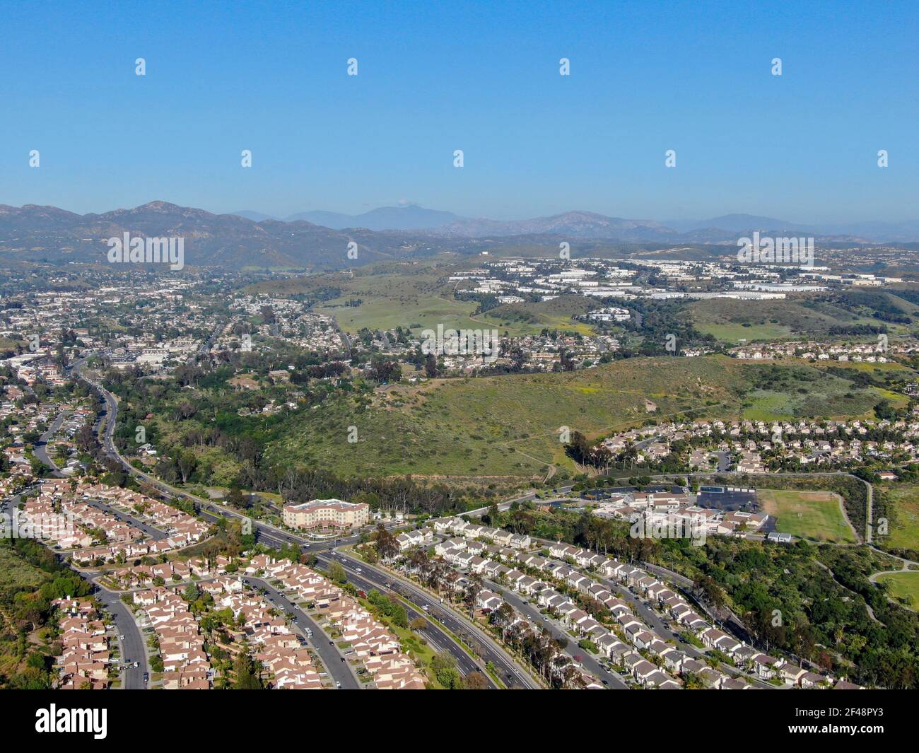 Aerial view of upper middle class neighborhood with big villas around ...