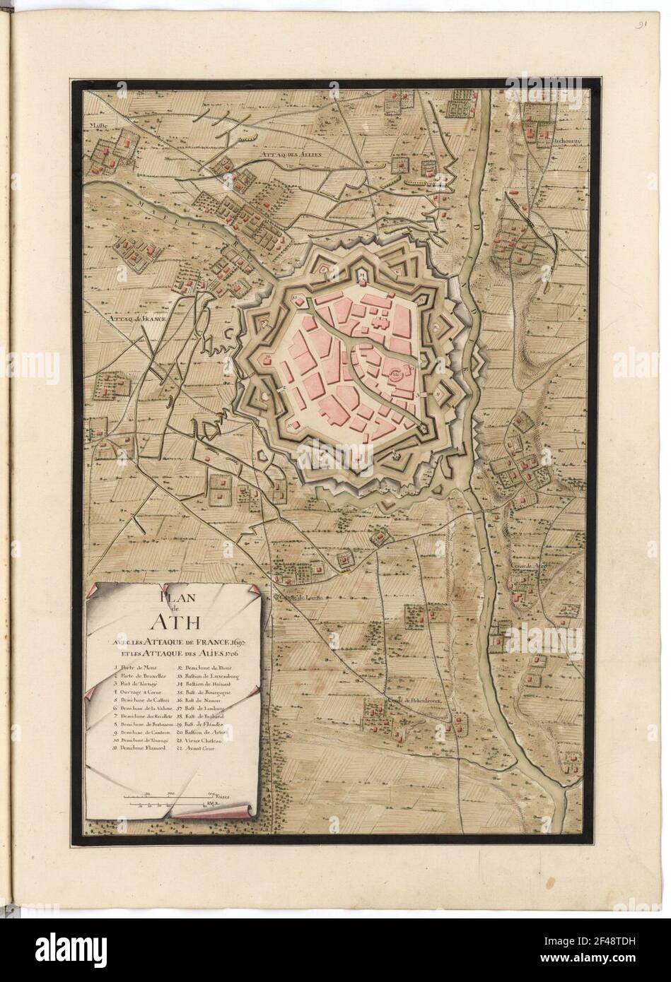 Map of Ath with the attacks of France 1697 and the attack of Alies 1706 ...